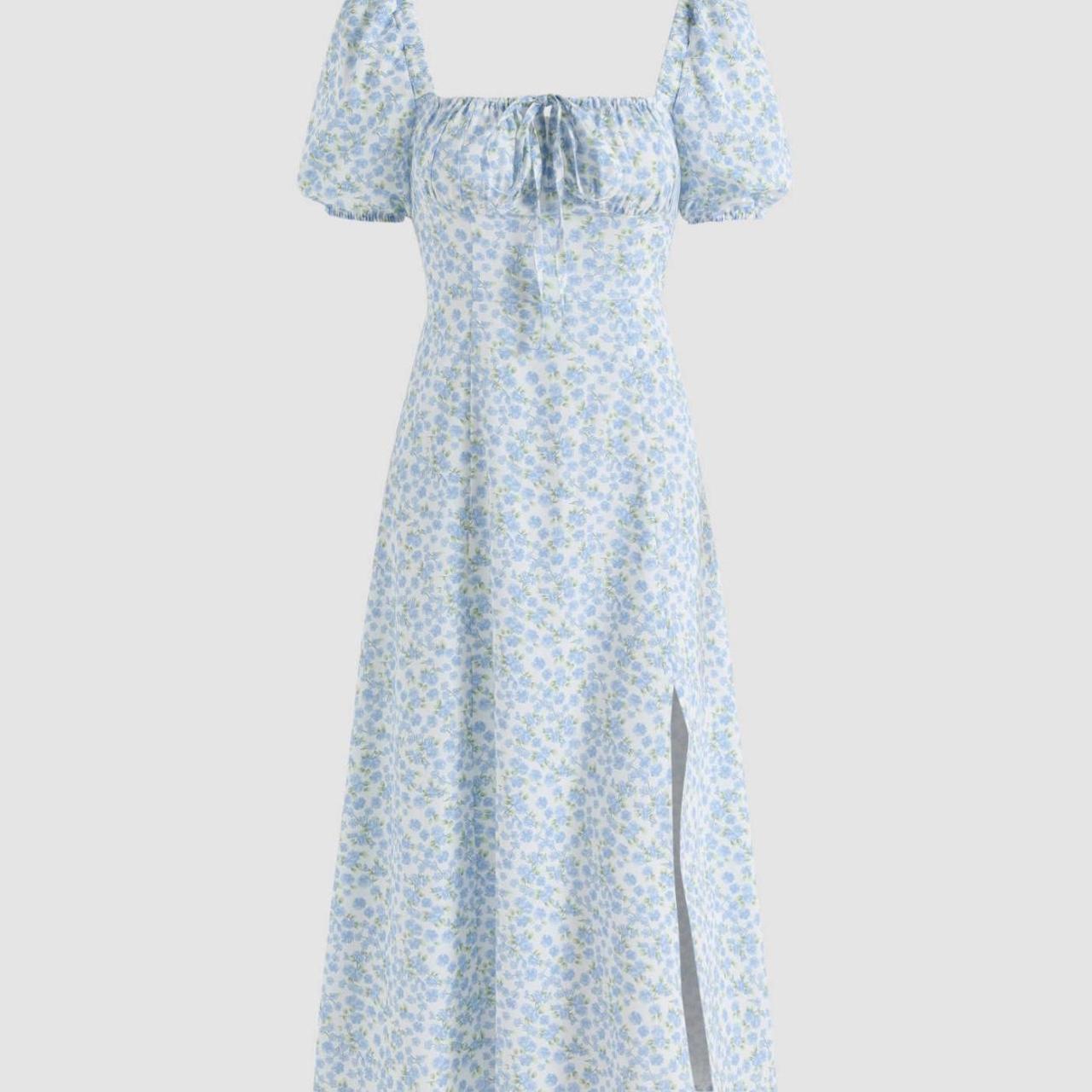 Cider Women's Blue and White Dress | Depop