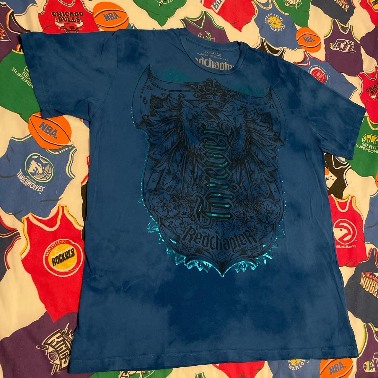 Affliction Men's Blue and Black T-shirt | Depop