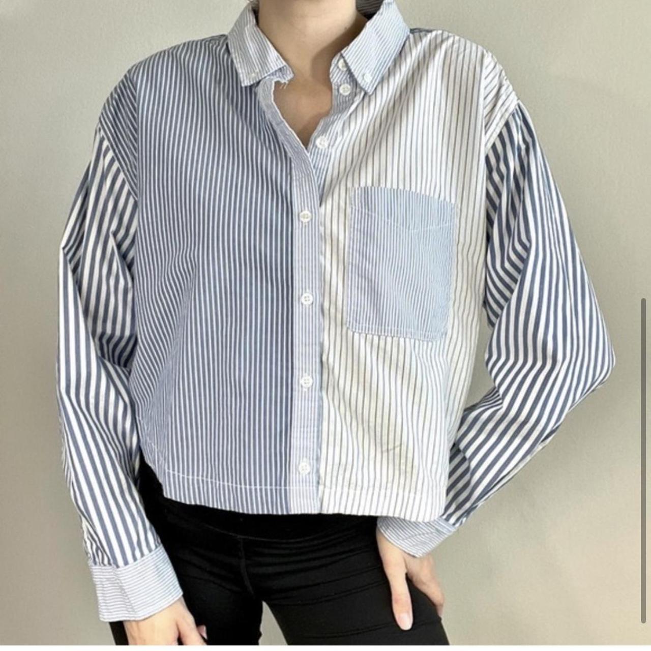 Striped Cropped Button Down Shirt Excellent used... - Depop