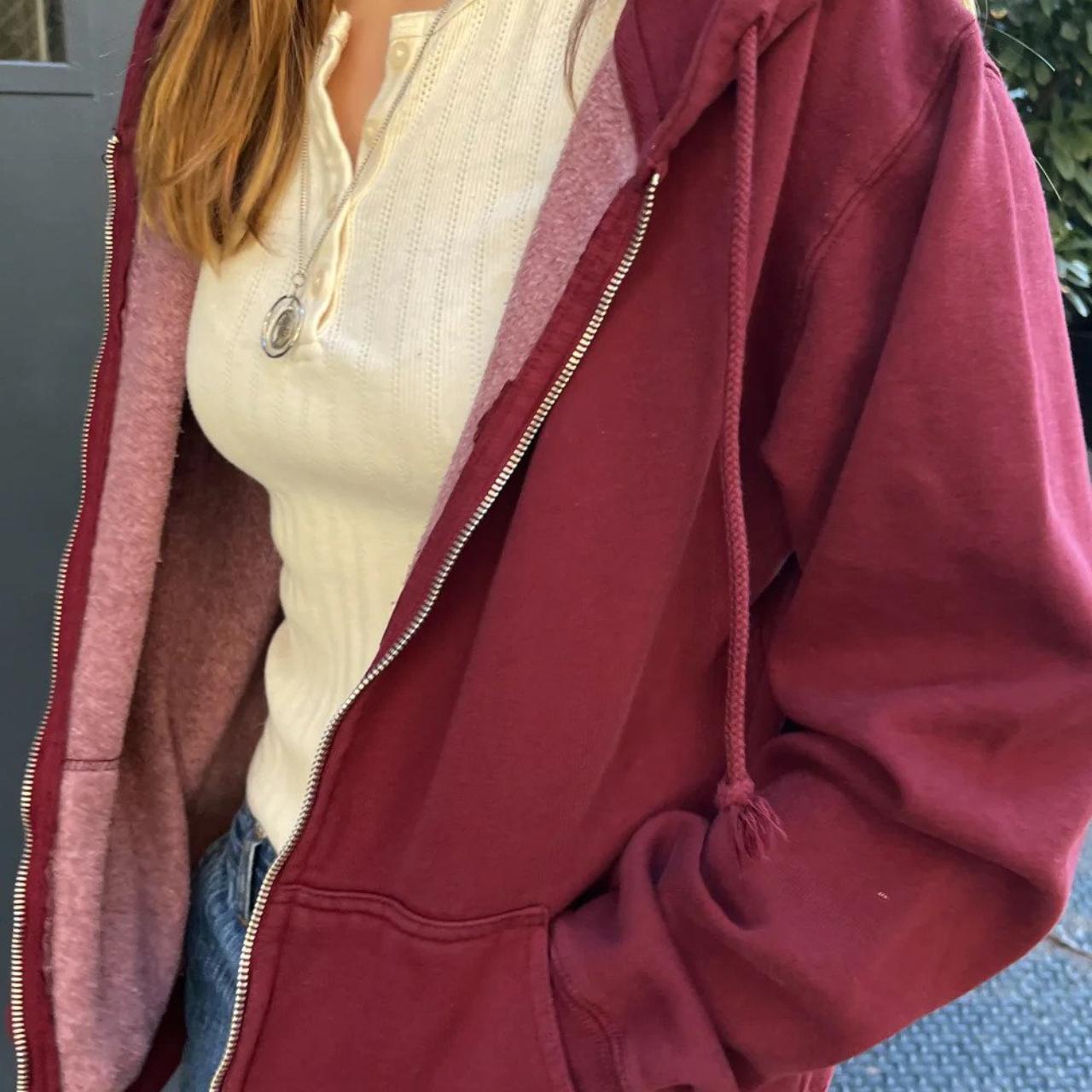 Brandy Melville - Burgundy Red Oversized Zip Up... - Depop