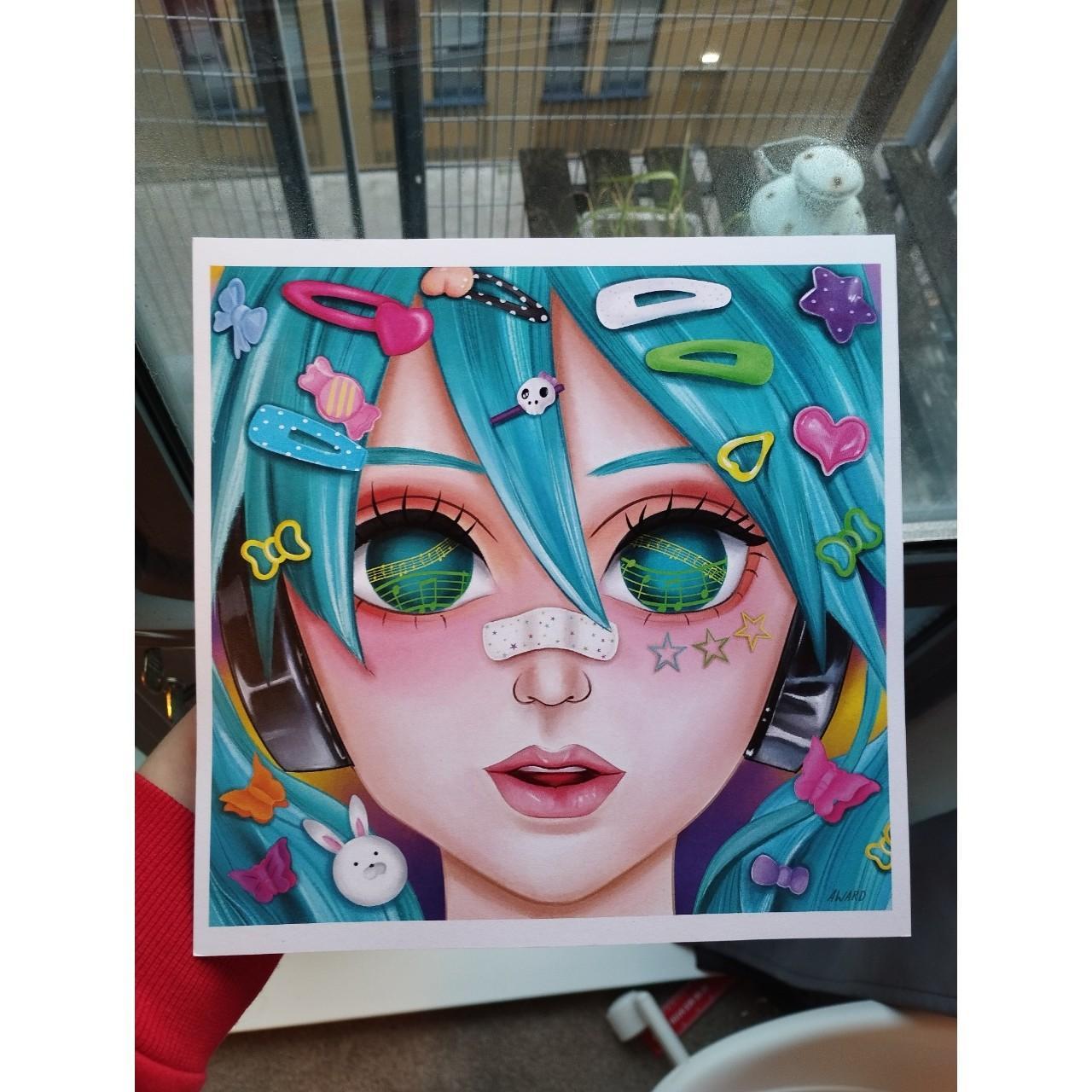 Hatsune Miku Vocaloid inspired square print. Drawn... - Depop