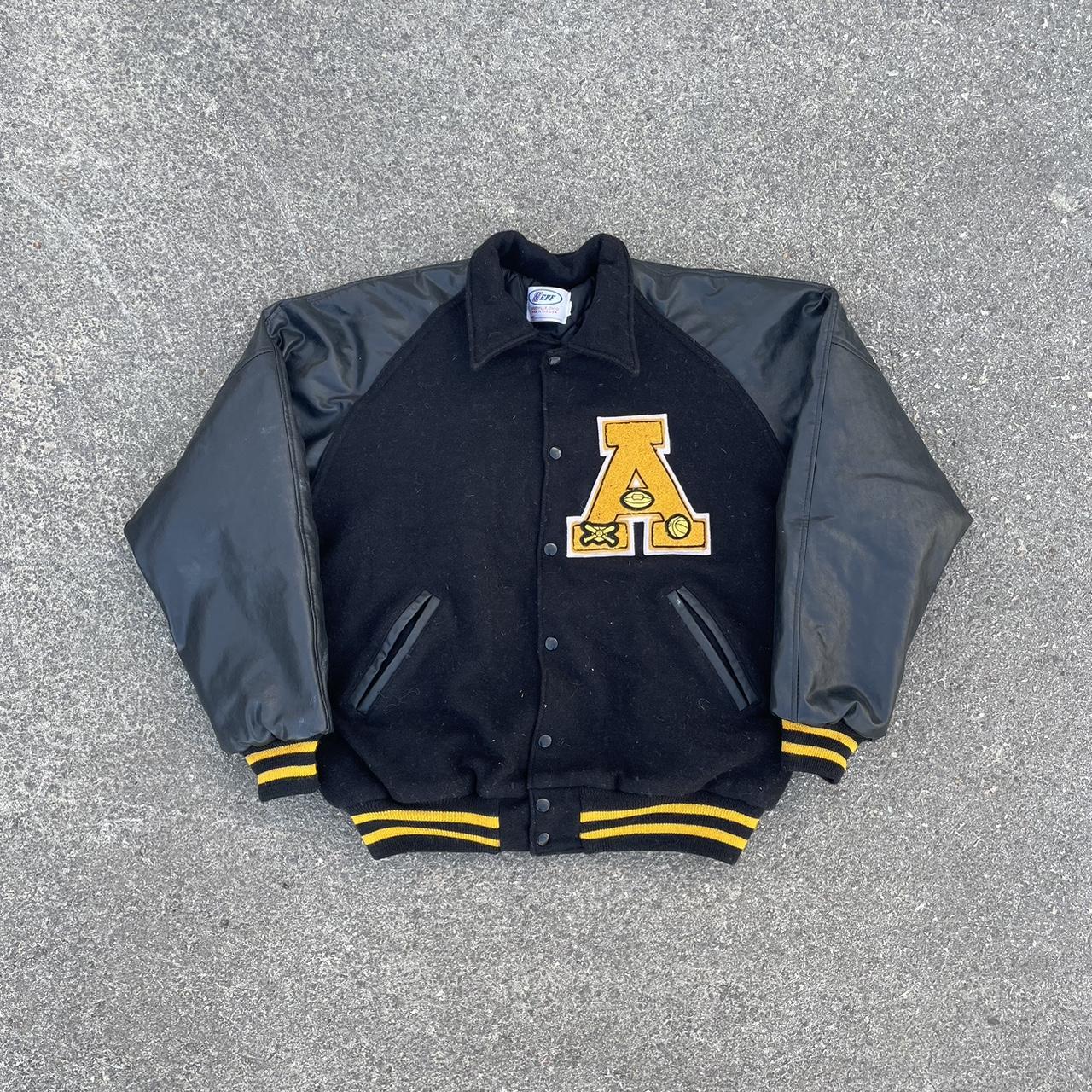 90s Black and Gold Varsity Jacket Letterman... - Depop