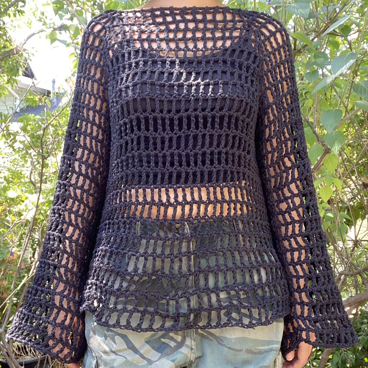 Crochet black mesh sweater handmade by me! wide... | Depop