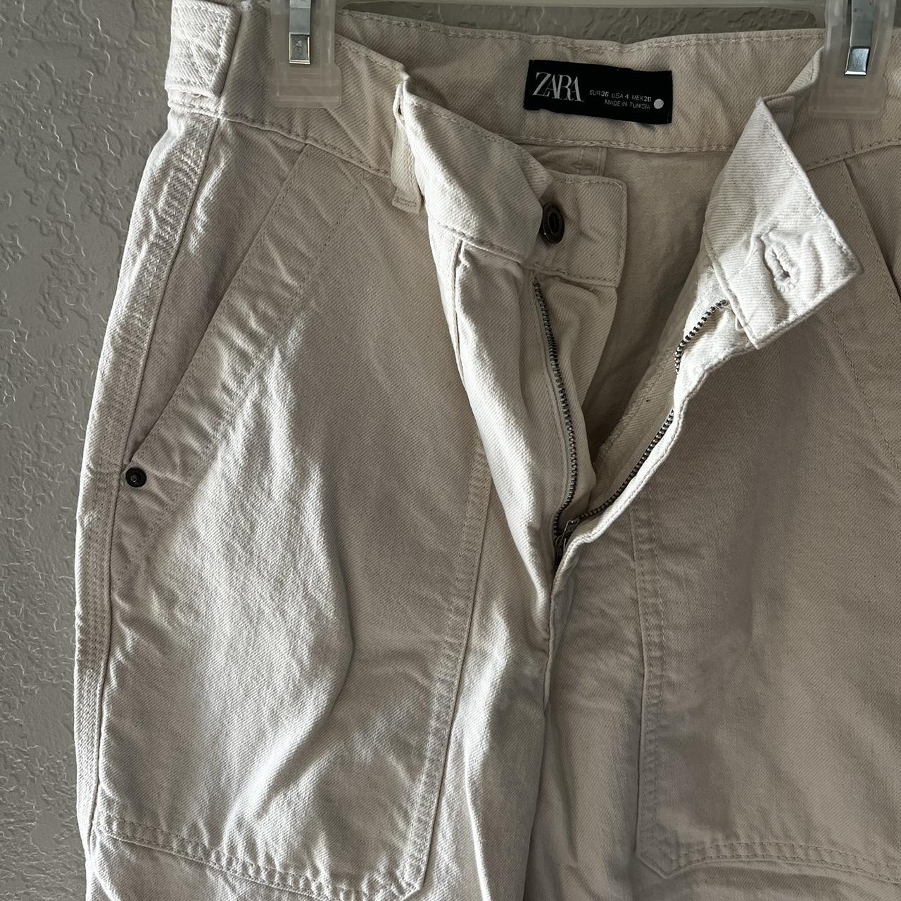 Zara cream colored cargo pants with buttons at the... | Depop