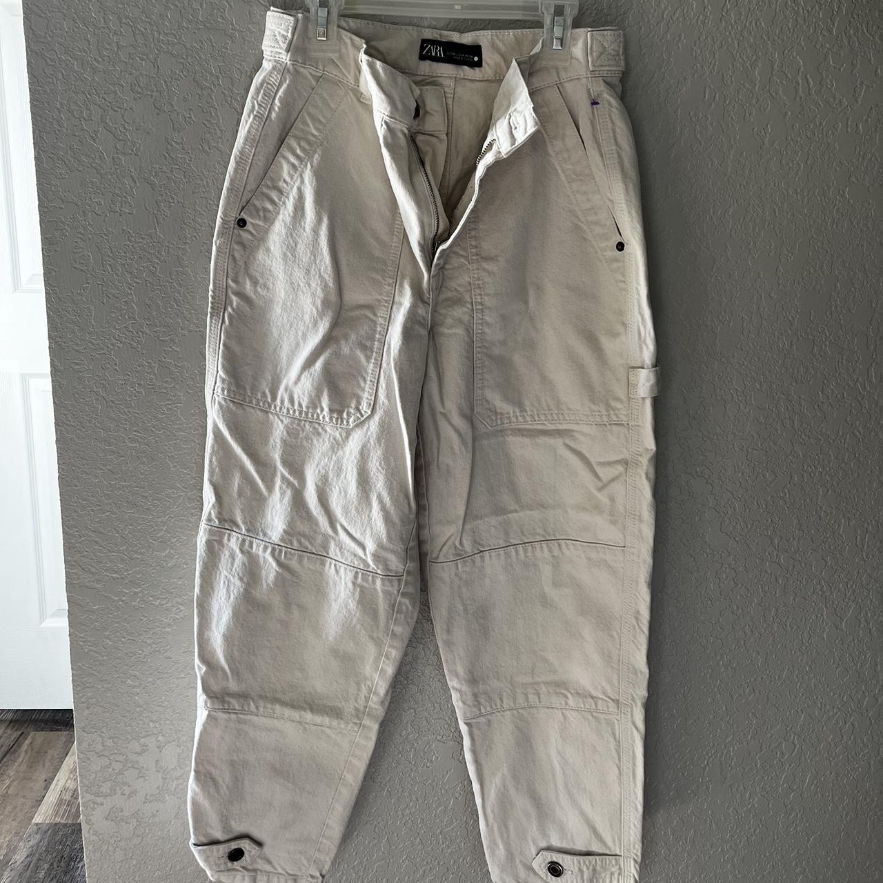 Zara cream colored cargo pants with buttons at the... - Depop