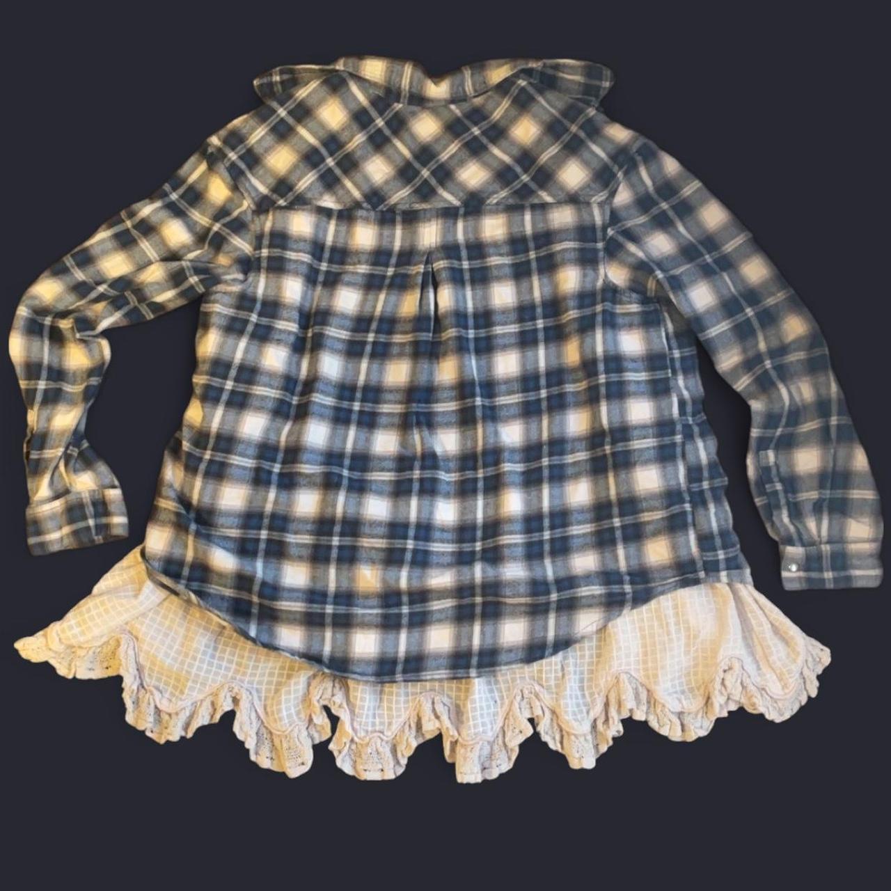 Edgy blue and cream plaid flannel with lacy ruffled... | Depop