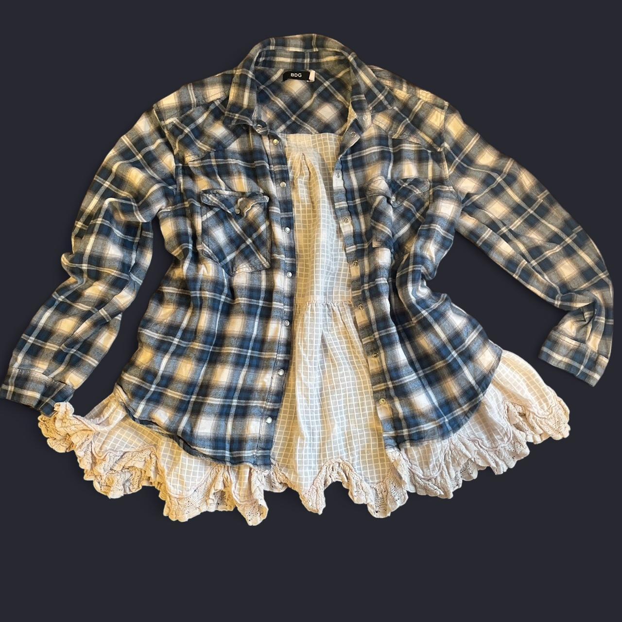 Edgy blue and cream plaid flannel with lacy ruffled... | Depop