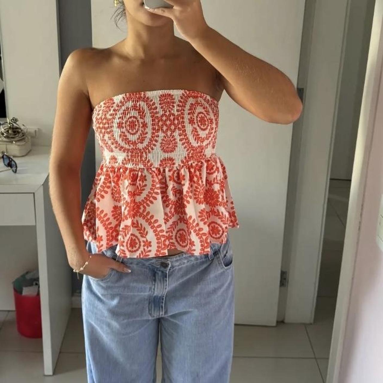 cute floral ruffled strapless top x pretty orange... - Depop