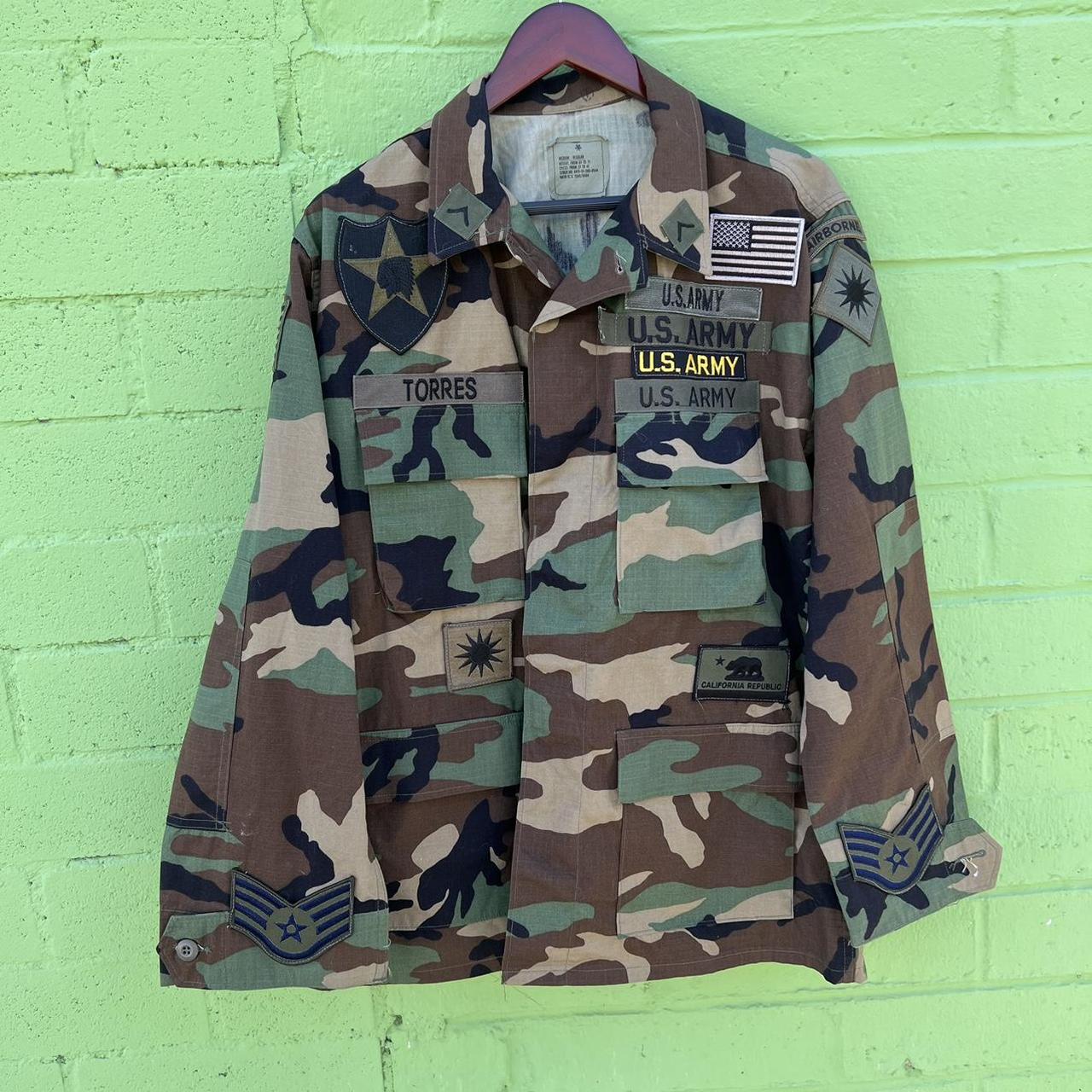 Urban renewal Woodland camo US Army patch jacket... - Depop