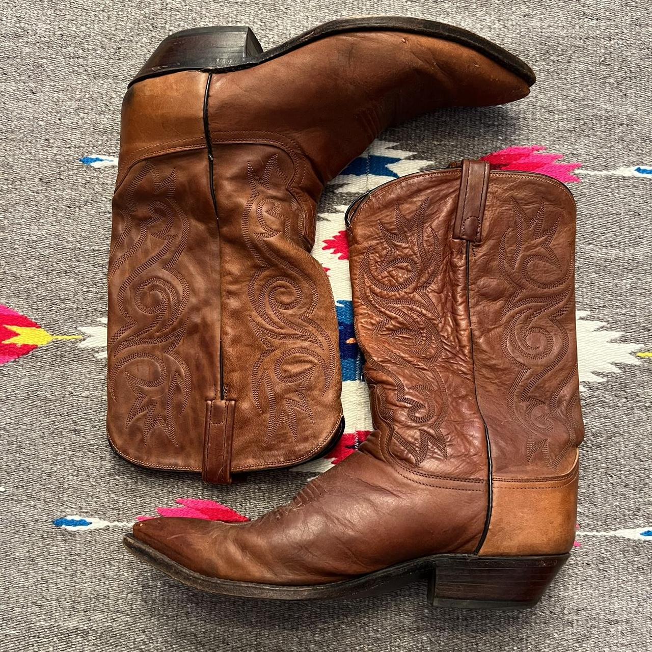 Vintage size 11 Dan Post cowboy boots in a dark tan... - Depop
