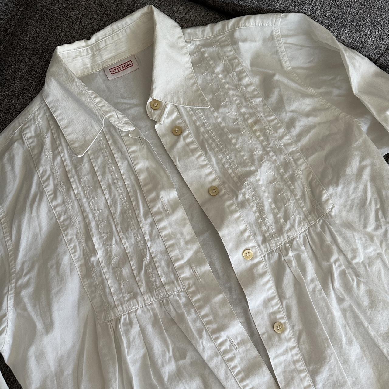 White button up blouse with pleats and embroidery -... - Depop