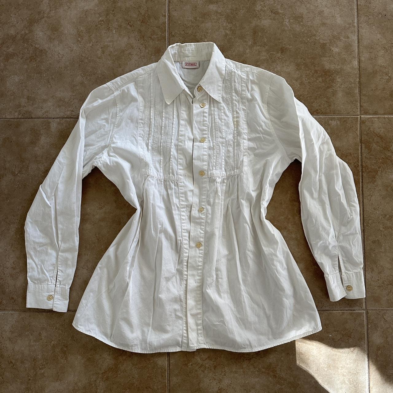 White button up blouse with pleats and embroidery -... - Depop
