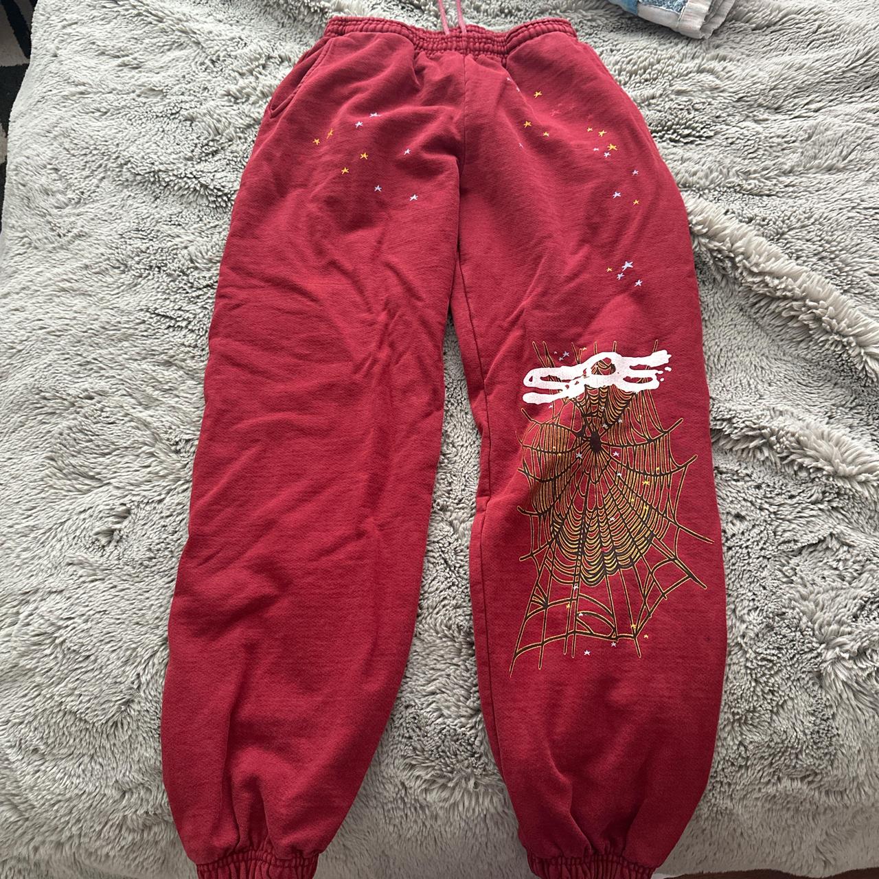 maroon sp5der sweats size medium super comfy worn... - Depop