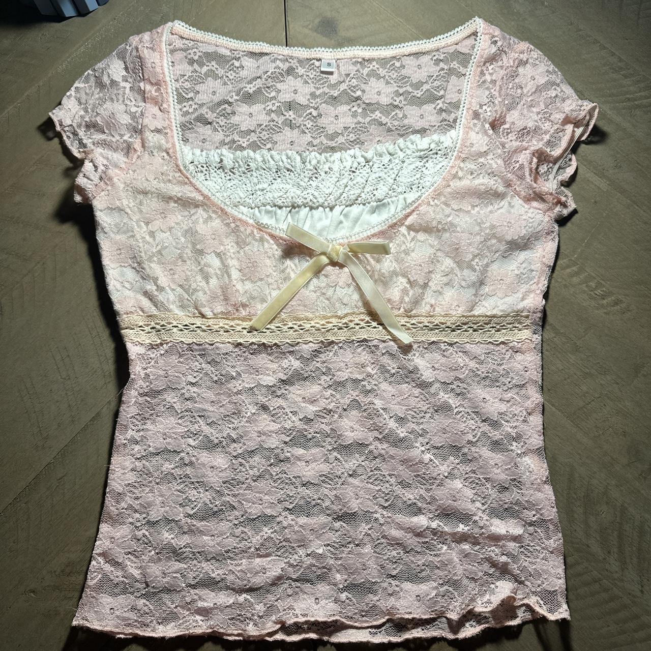 Light pink lace top with cream ribbon detail -Only... - Depop