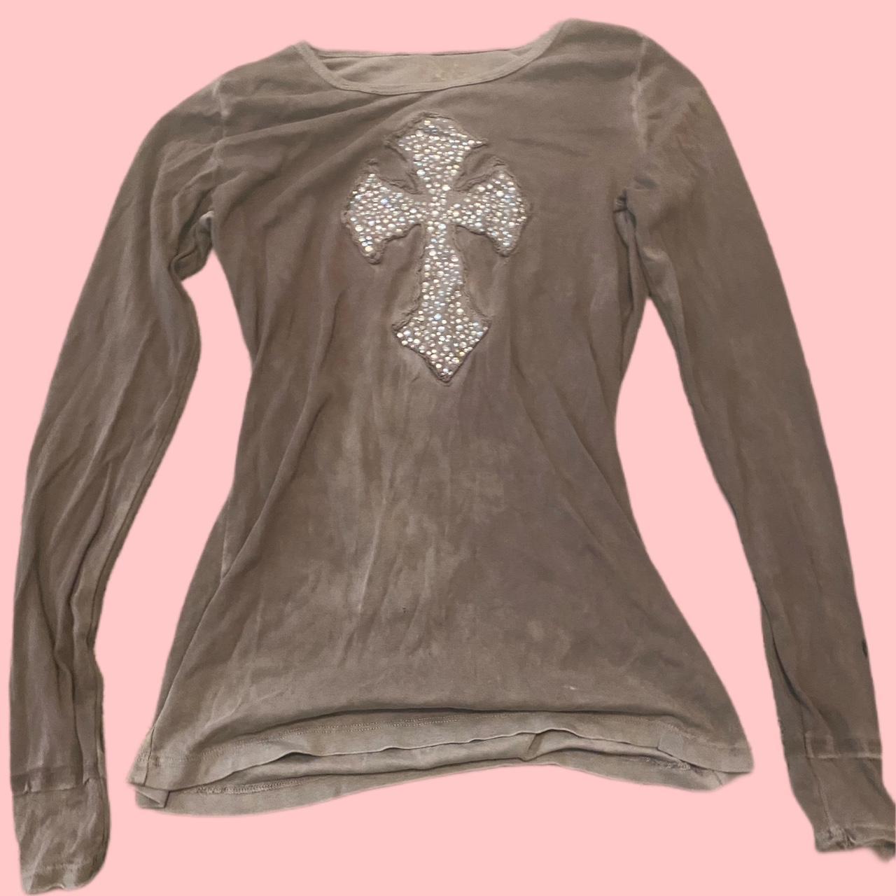 y2k rhinestone grunge brown long sleeve top tag is... - Depop