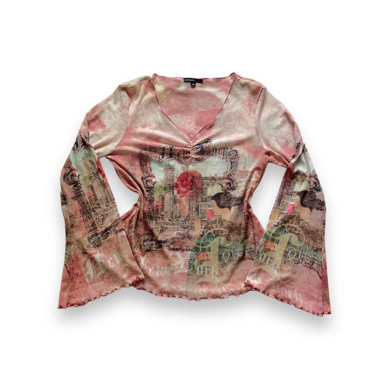 2000s mesh top with a pink and white graphic design... - Depop