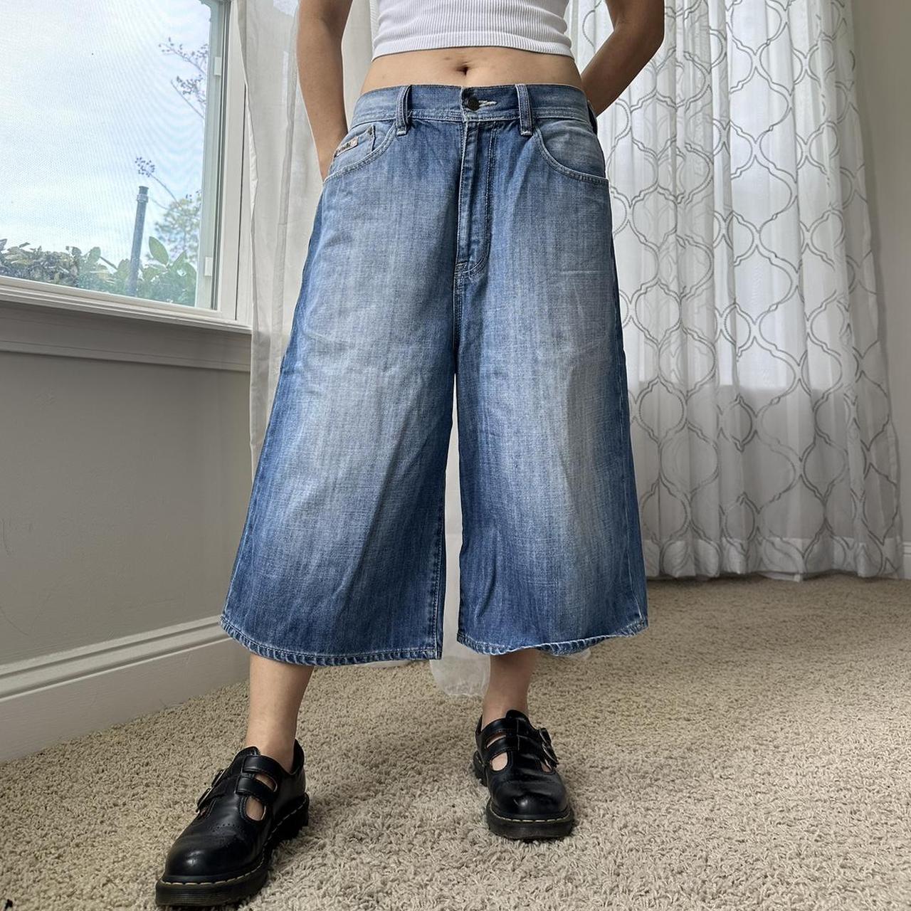 Jorts Baggy jorts with baby blue stitching along... - Depop