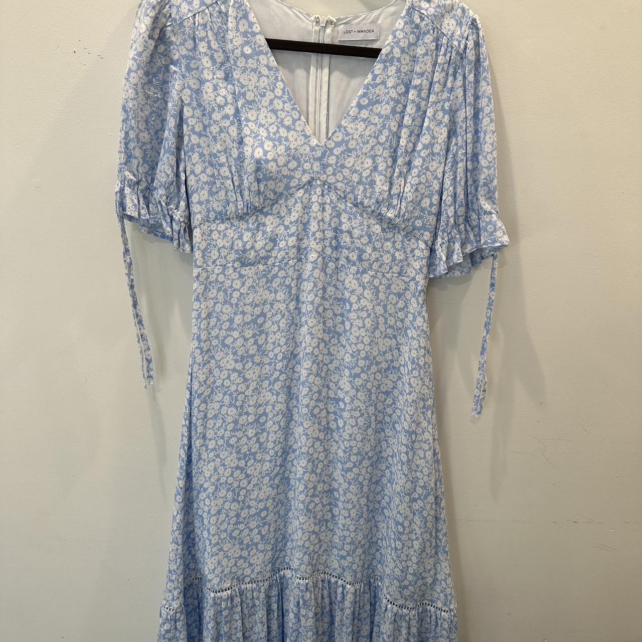 Lost + Wander Women's Blue and White Dress | Depop