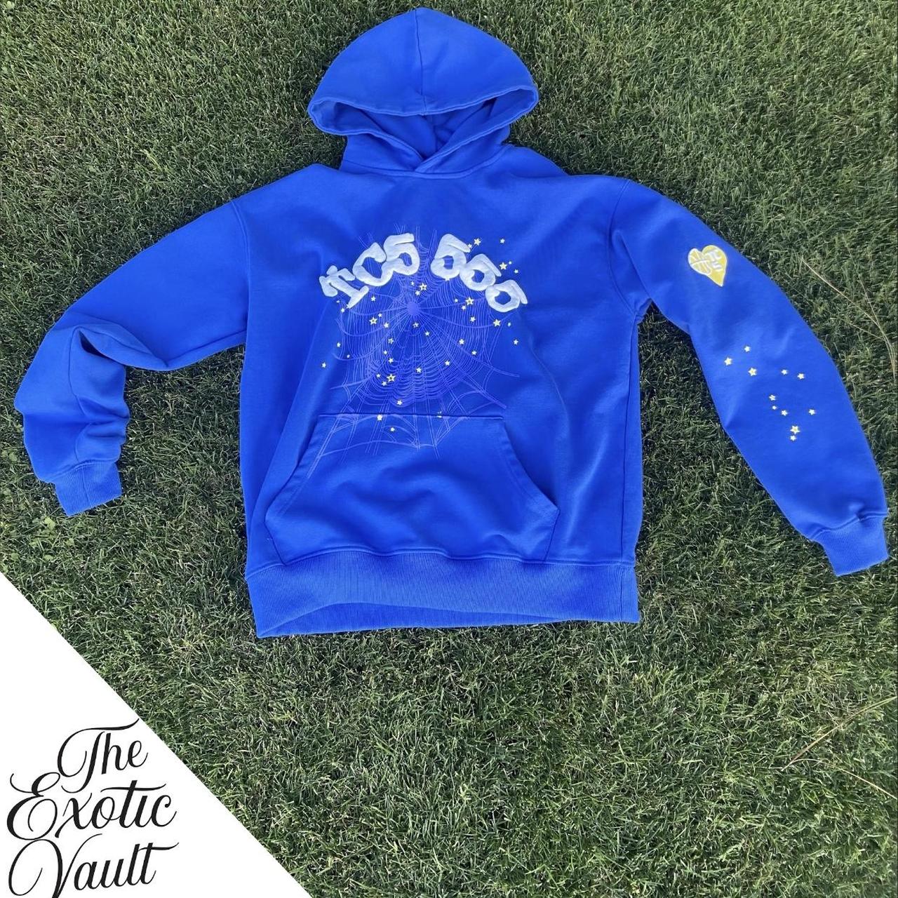 Spider Worldwide Mens Blue And White Hoodie Depop