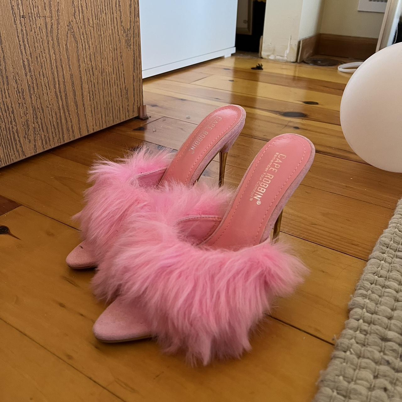 Pink Fur Heels, never worn - Depop