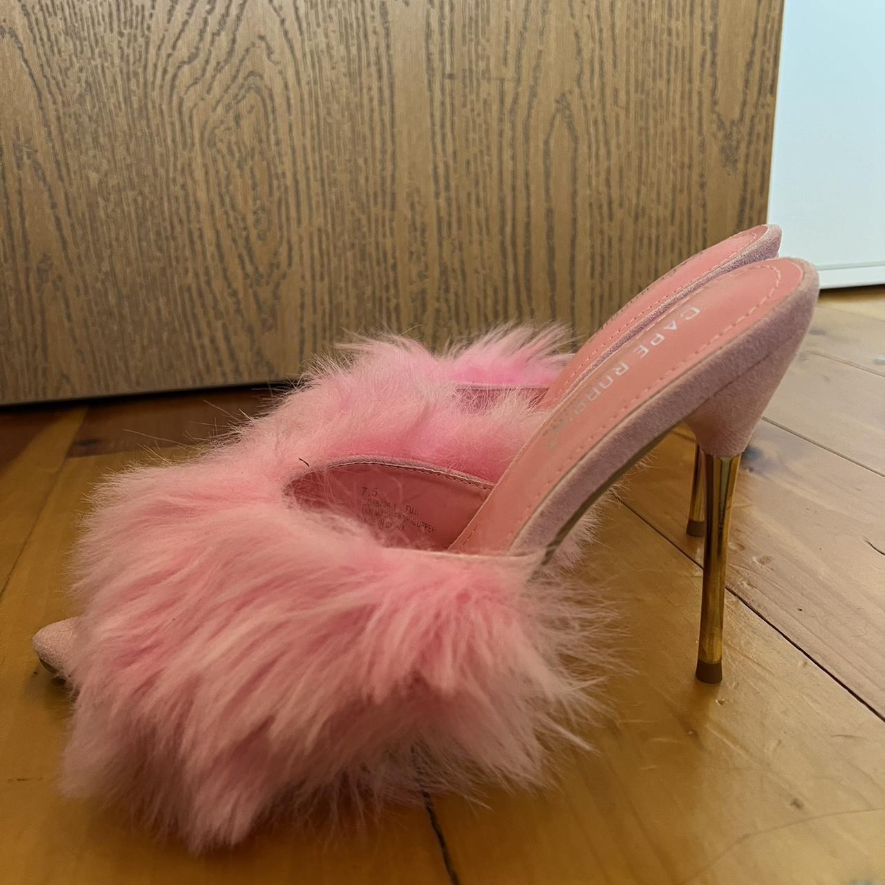 Pink Fur Heels, never worn - Depop