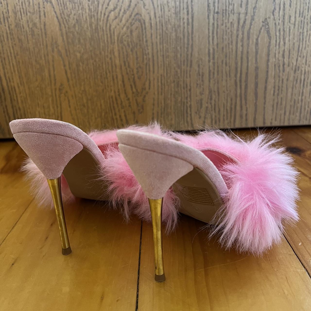 Pink Fur Heels, never worn - Depop