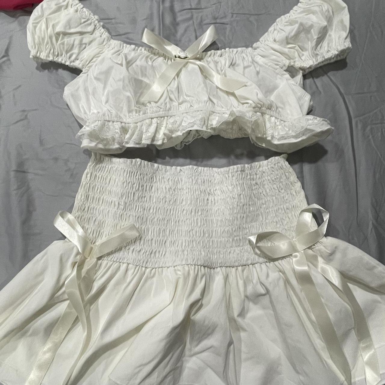 White ruffle off the shoulder top with bow and skirt... | Depop