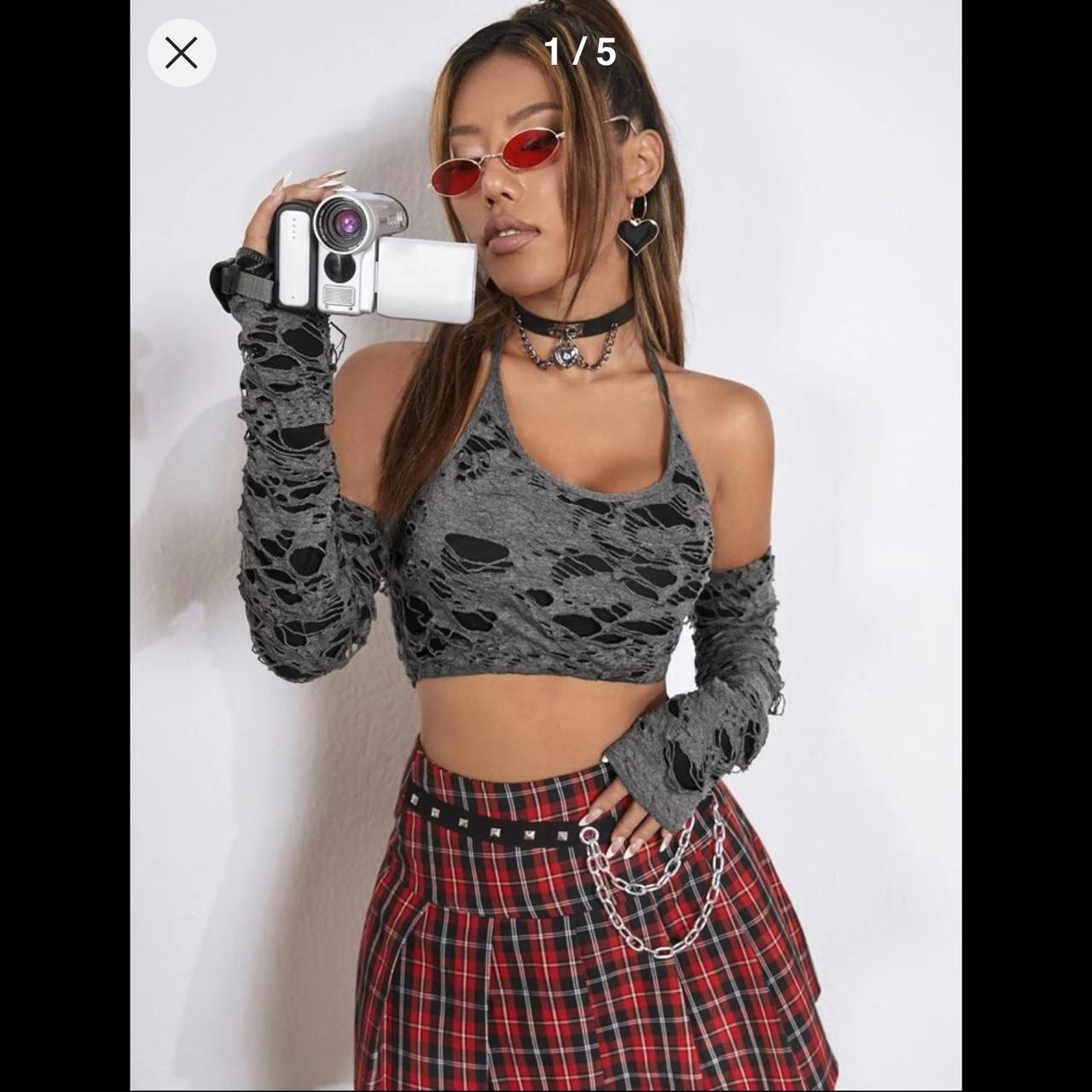 Goth Ripped Crop Top Flare Pants Outfit Set... | Depop