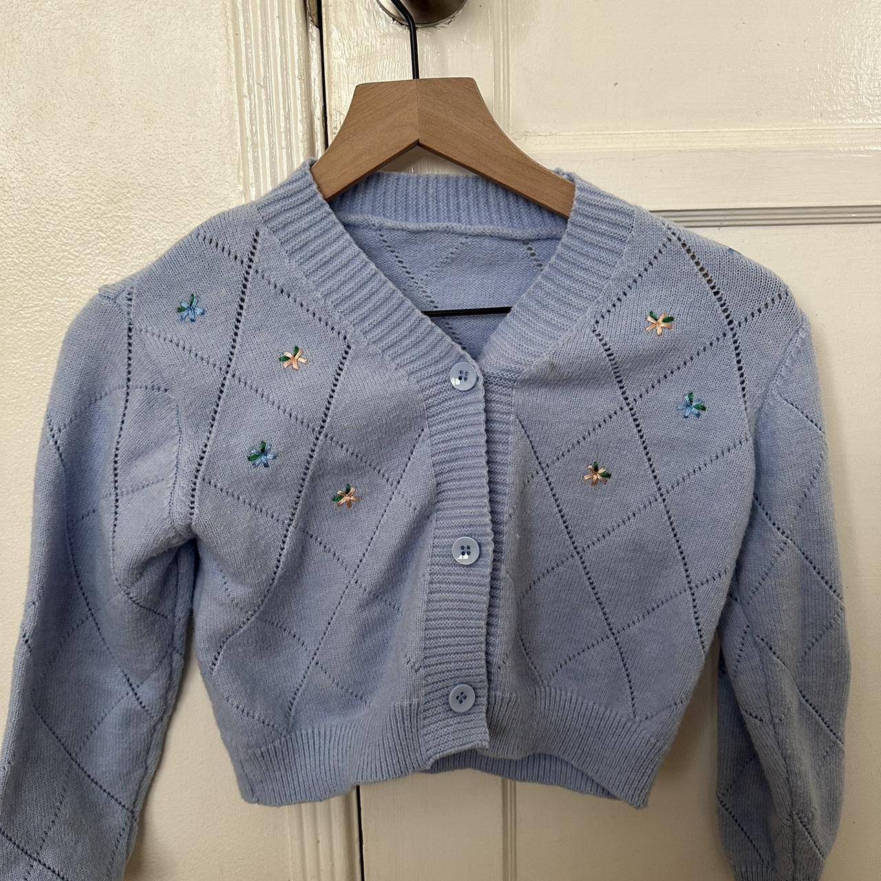 cute cropped blue cardigan with little flower... - Depop