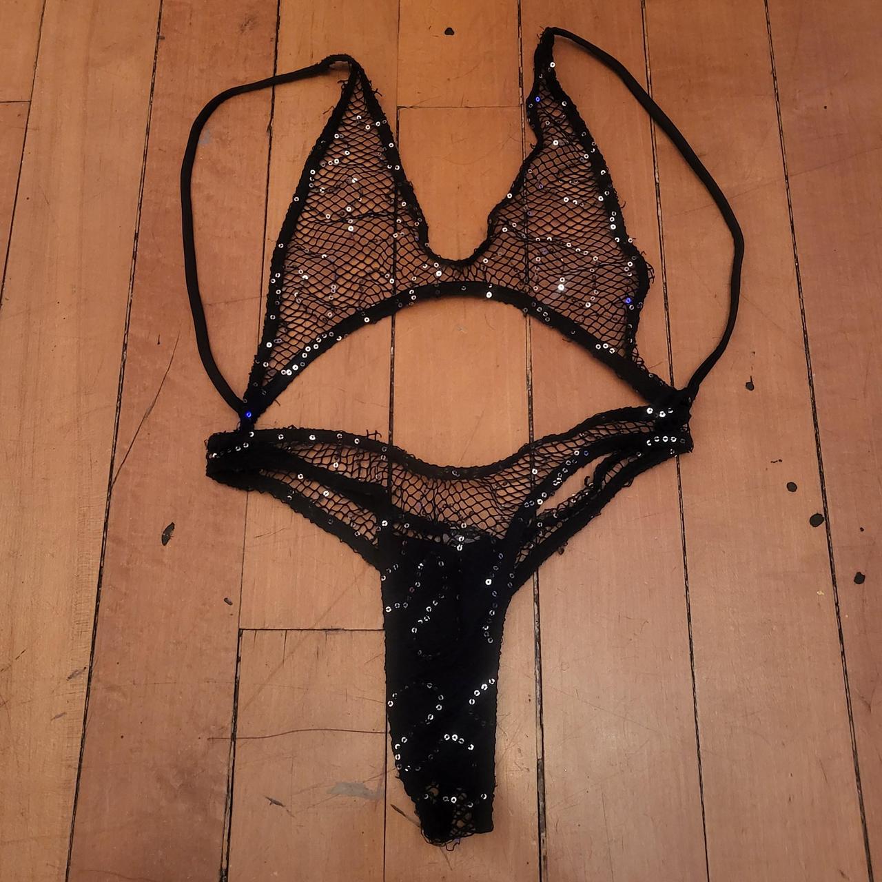 Black #fishnet cut-out bodysuit with silver #sequins... | Depop