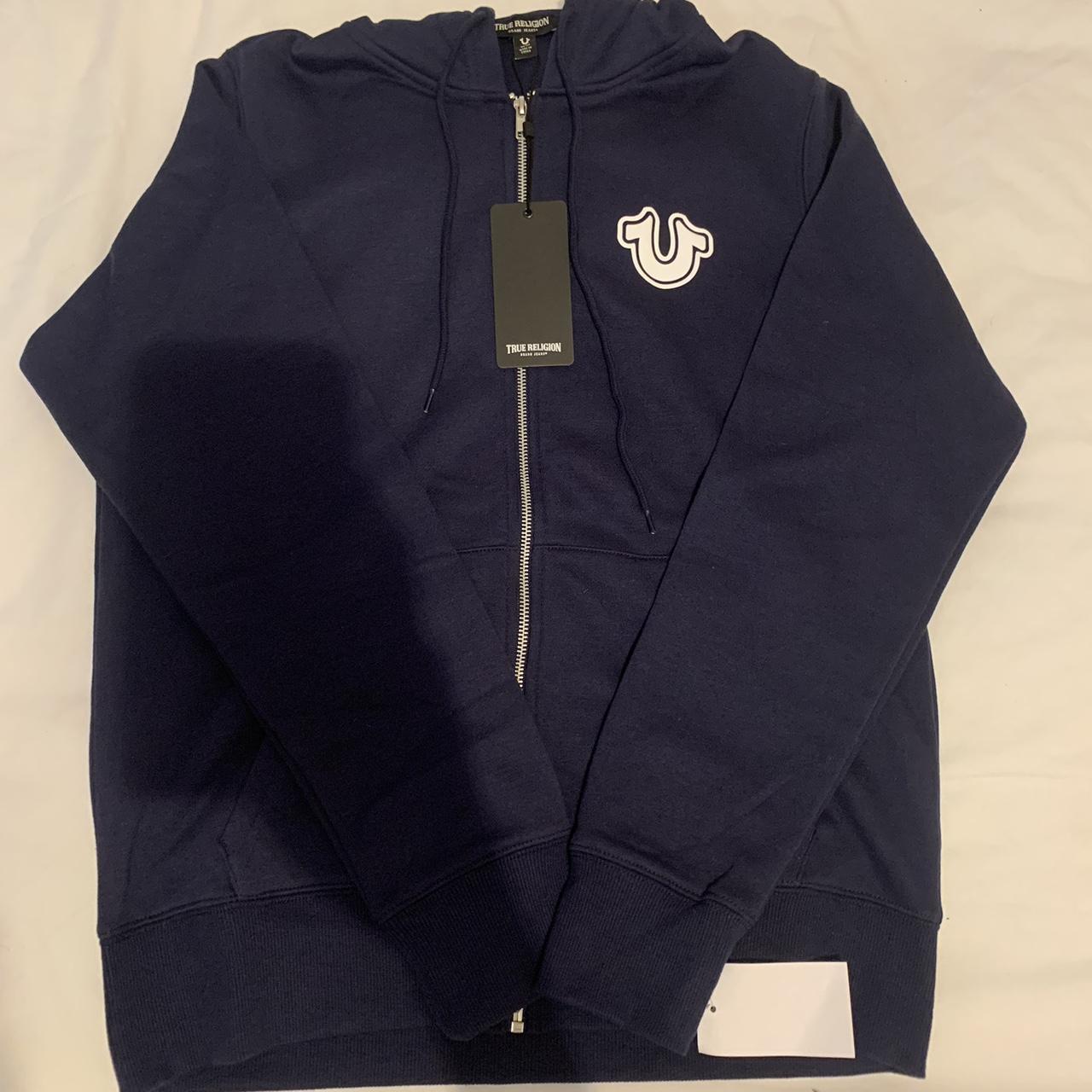 True Religion navy blue zip up hoodie Brand new... - Depop