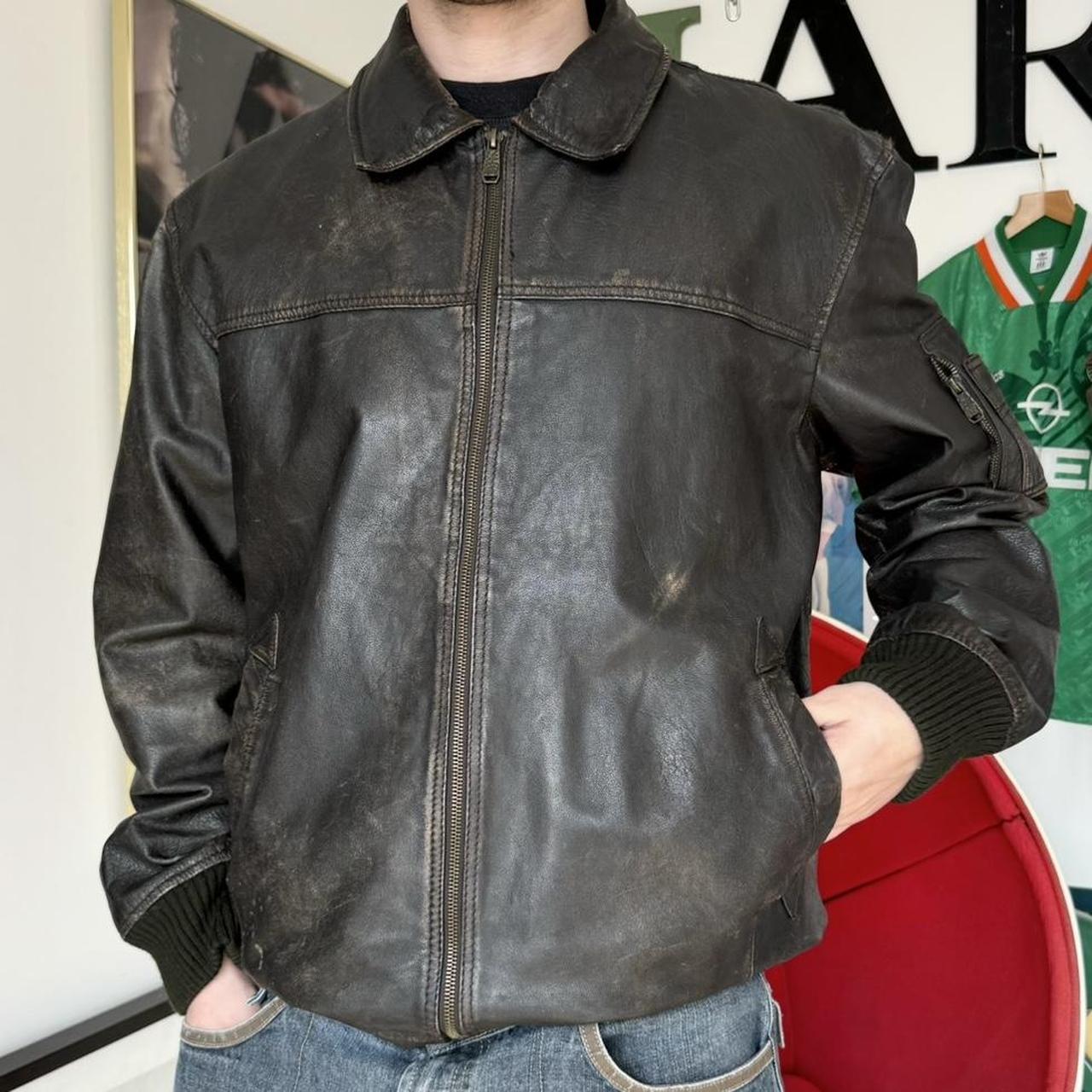 Vintage brown leather worn jacket ️Size: XL (see... - Depop