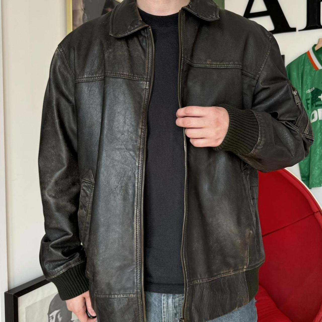 Vintage brown leather worn jacket ️Size: XL (see... - Depop