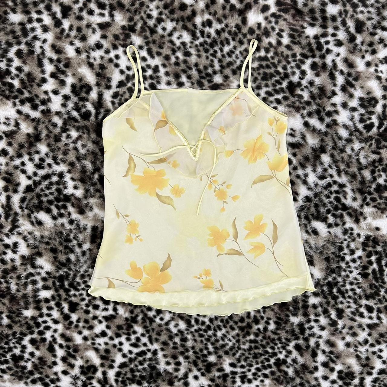 y2k Yellow floral cami top with lace trim no tag,... - Depop