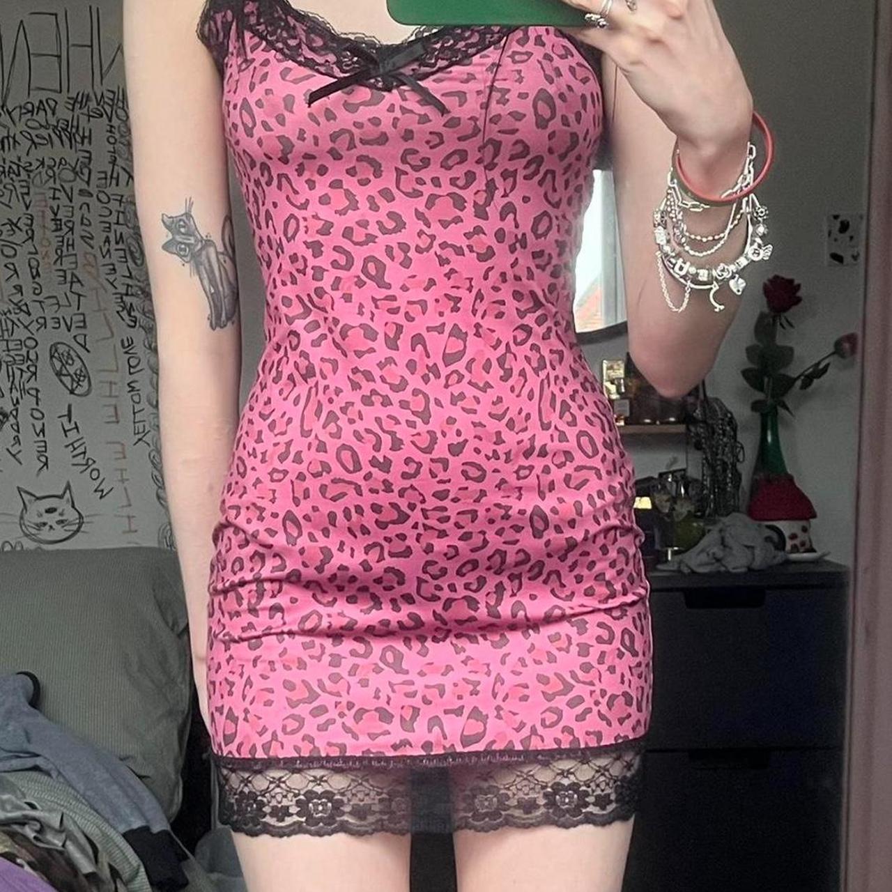 Pink leopard print lace trim mini dress with bow... - Depop