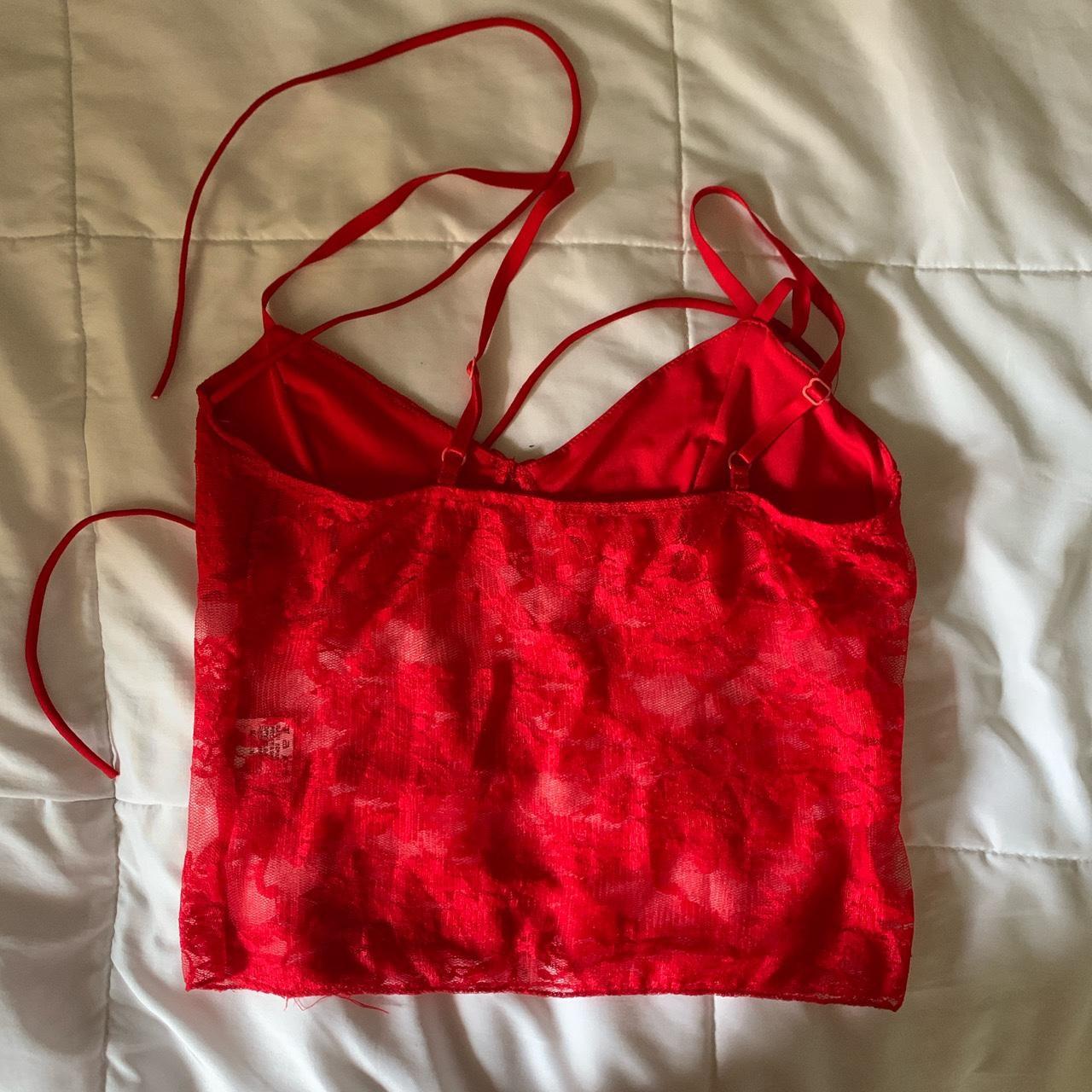 red lace crop top with tie straps M - Depop