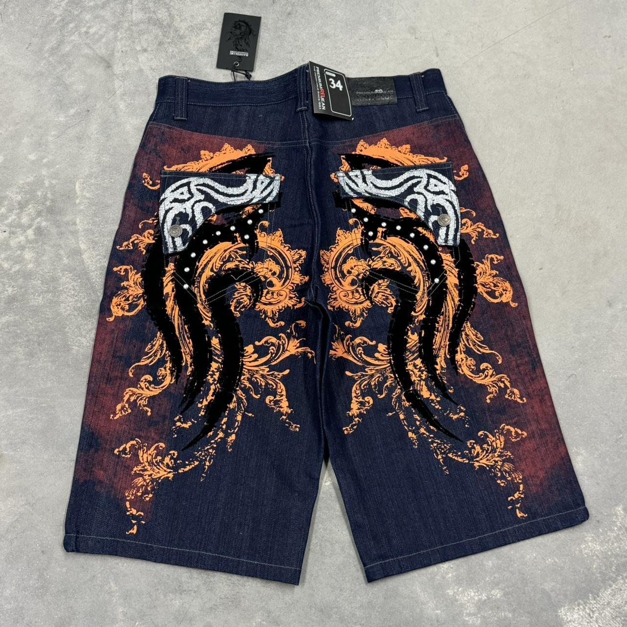 Y2k Raw Blue Embroidered Baggy Cyber Goth Jorts 40... - Depop