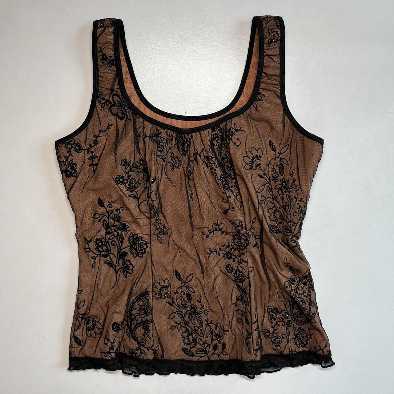 Early 2000s mesh and lace corset style tank top... - Depop