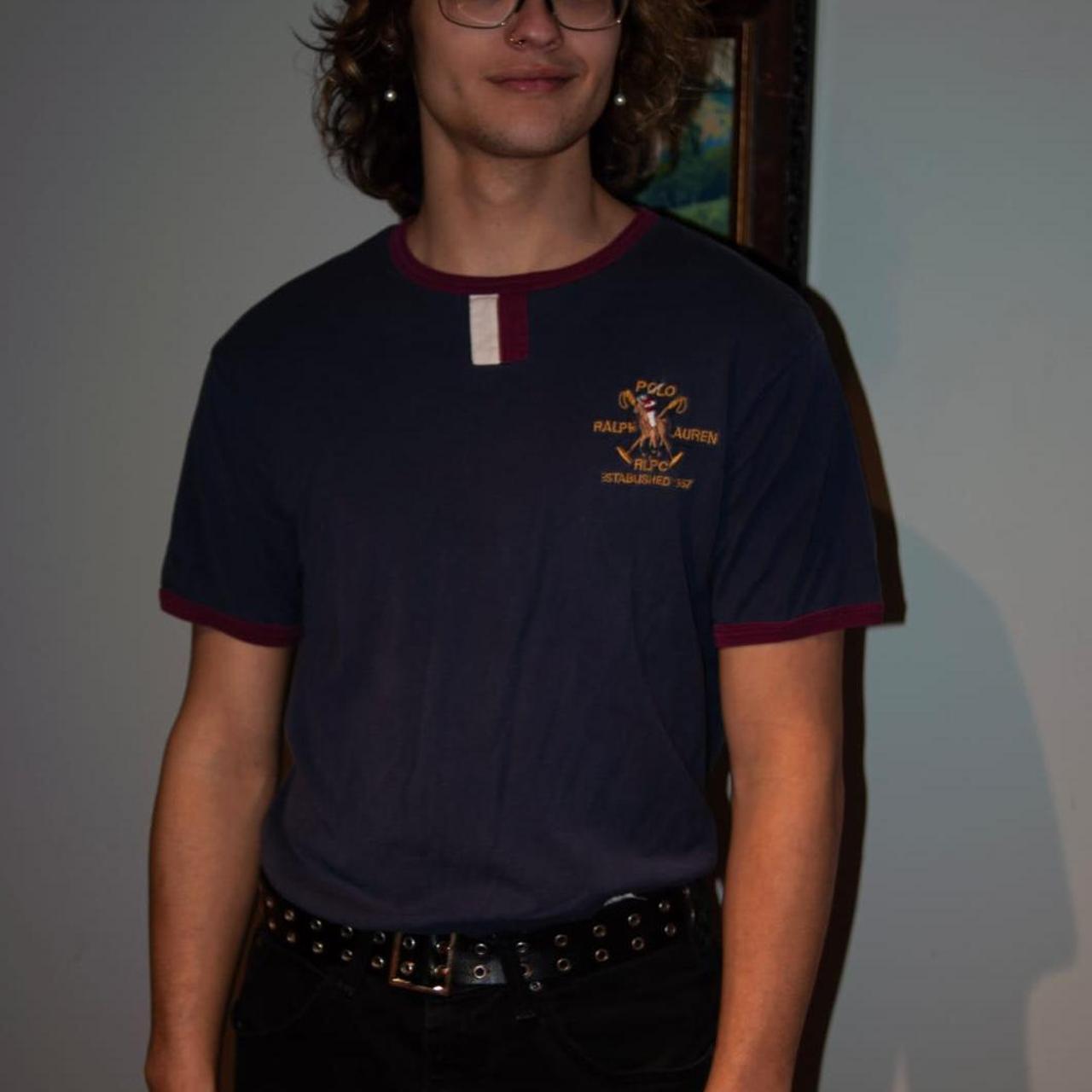 Maroon and Navy Ralph Lauren Tee L (fits me like a M) - Depop