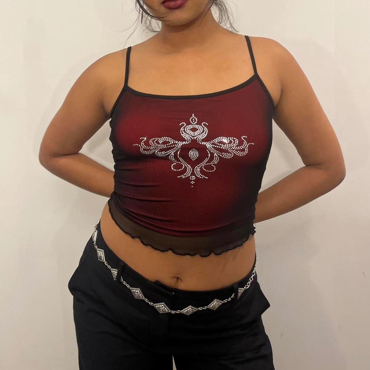 Burgundy mesh top with rhinestone design #y2kfashion... | Depop