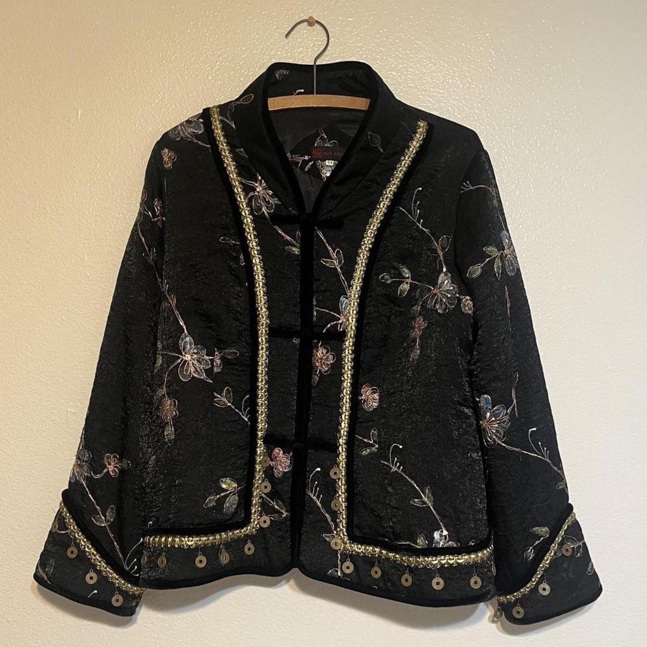 black and gold floral asian style jacket chinese... - Depop
