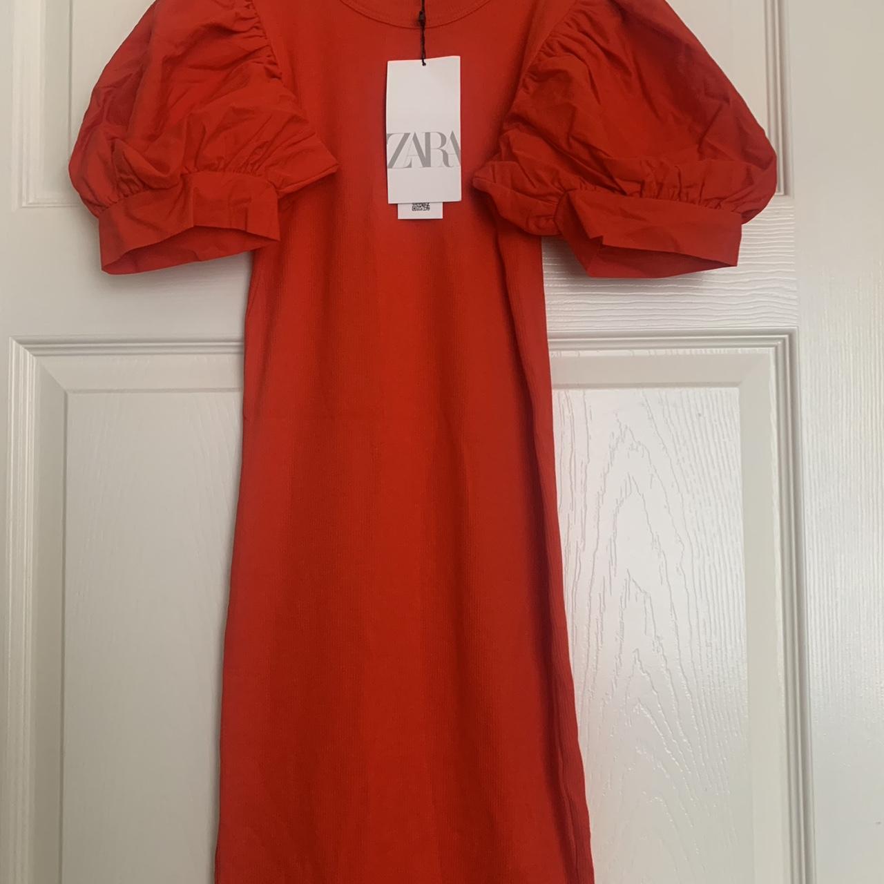 Zara red bodycon and stretchy dress with puff... - Depop
