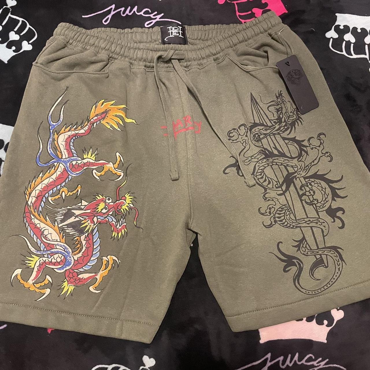 Green Ed hardy guys shorts with crazy detail on the... - Depop