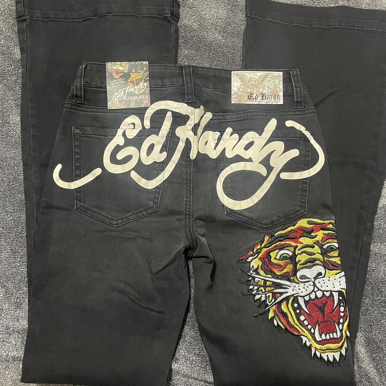 Ed Hardy black flare jeans with tiger design on back... - Depop
