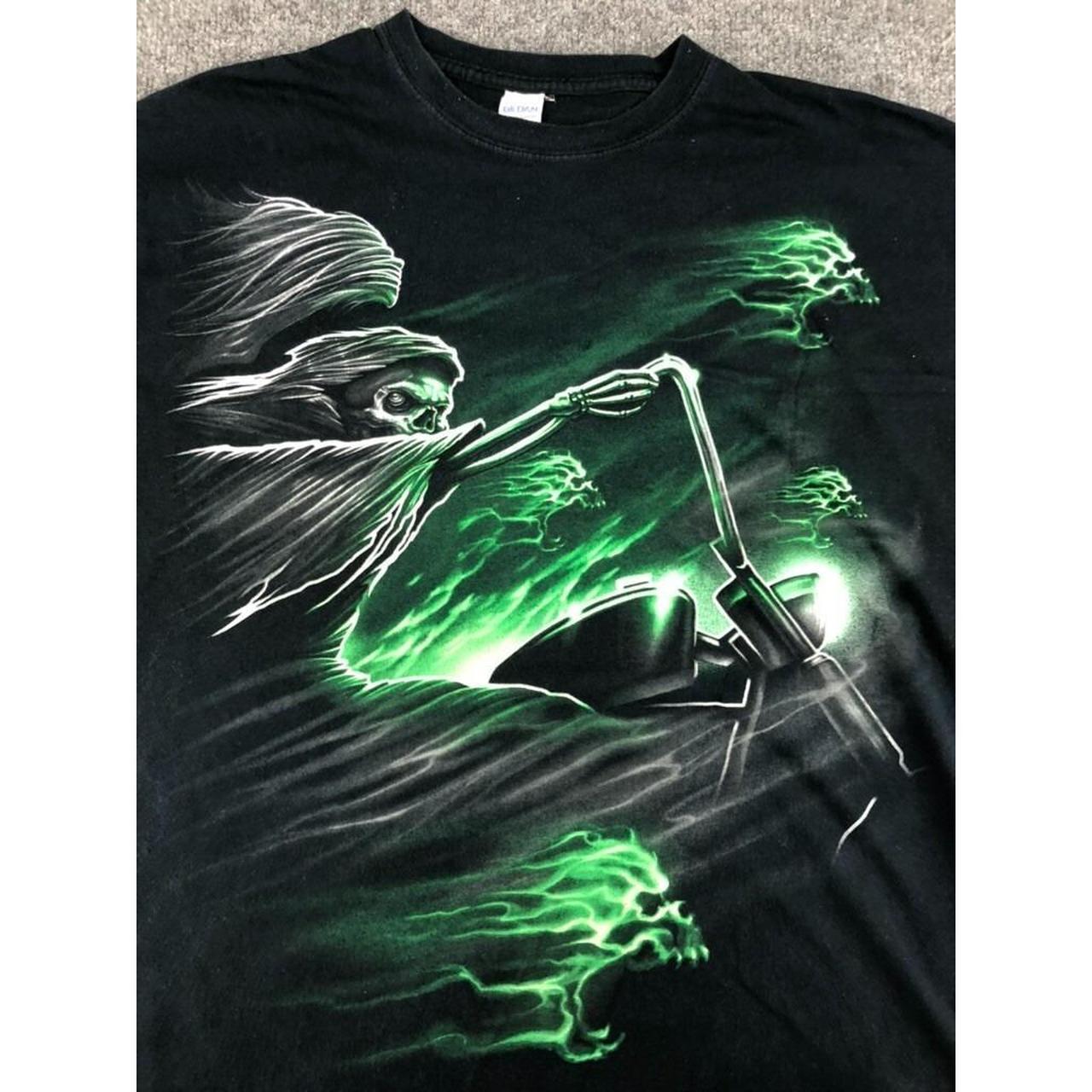 Vintage Y2K Grim Reaper Green Ghost Rider Skull AOP... | Depop