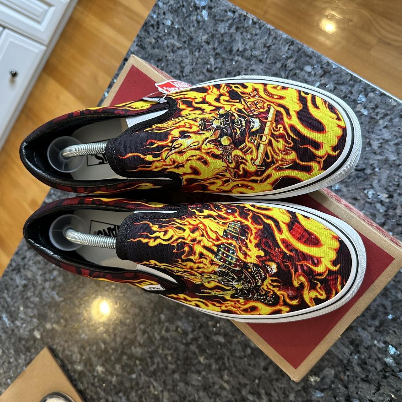 Vans crazy flame skeleton slip ons never worn in OG... - Depop