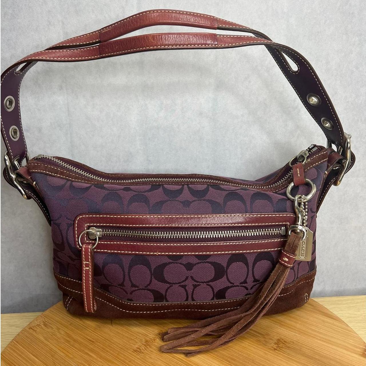 Coach Womens Boho Plum Leather Canvas Shoulder Bag... - Depop