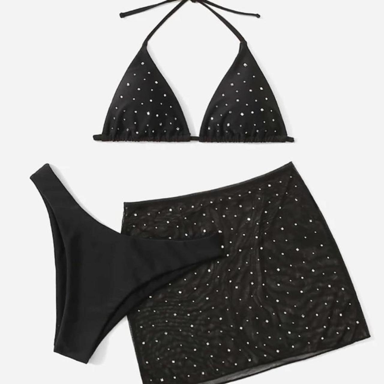 Black diamanté bikini top with black bottoms and... - Depop
