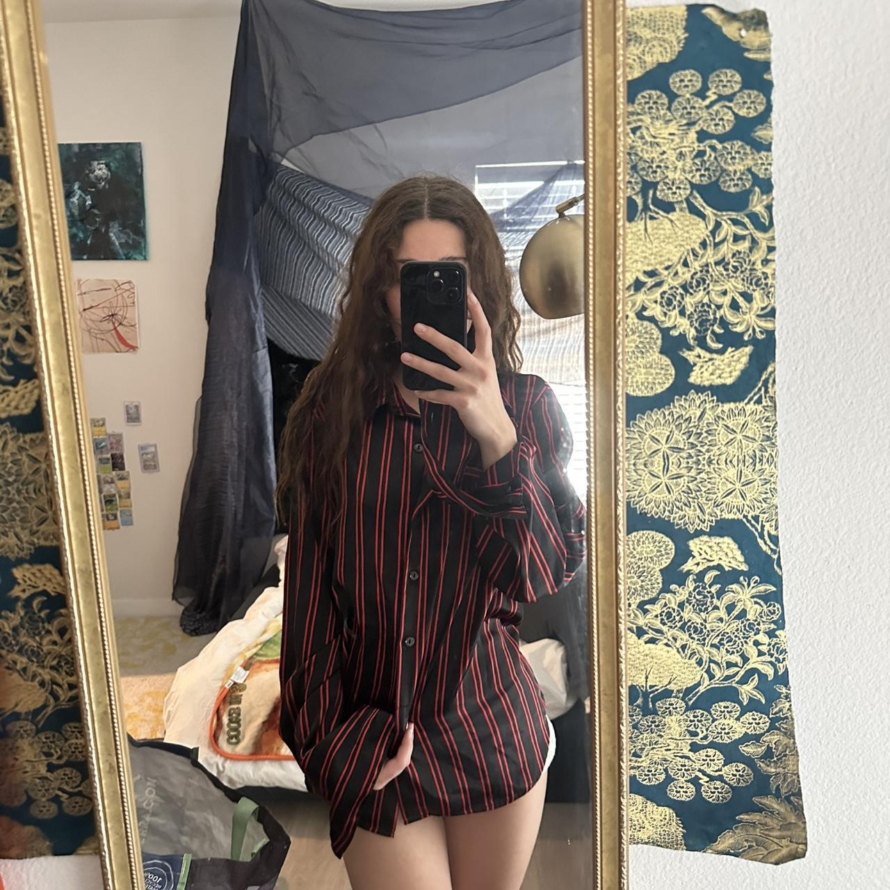 Oversized red and black striped button up shirt... - Depop
