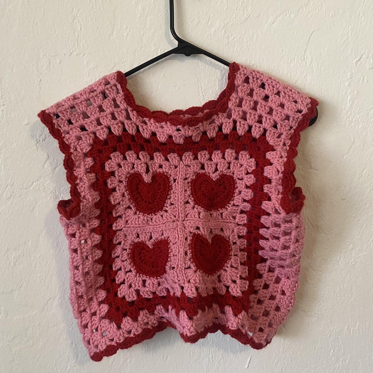 hand crochet pink and red heart crop top! fits... - Depop